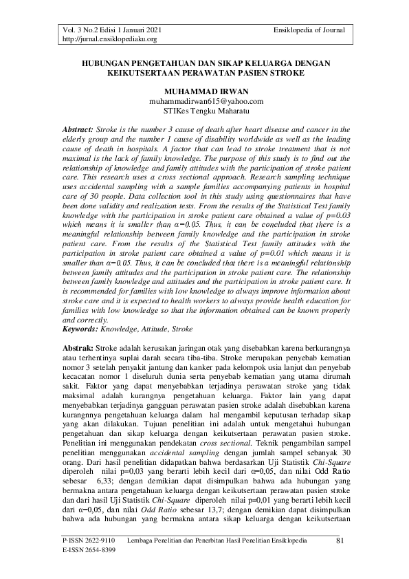 (PDF) Hubungan Pengetahuan Dan Sikap Keluarga Dengan Keikutsertaan Perawatan Pasien Stroke