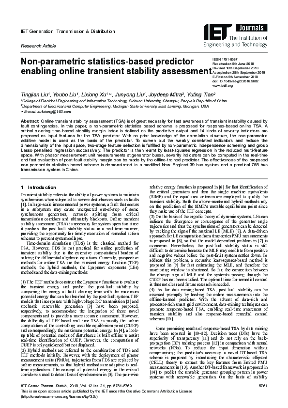 (PDF) Non‐parametric statistics‐based predictor enabling online transient stability assessment