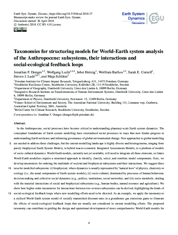 (PDF) Taxonomies for structuring models for World-Earth system analysis ...