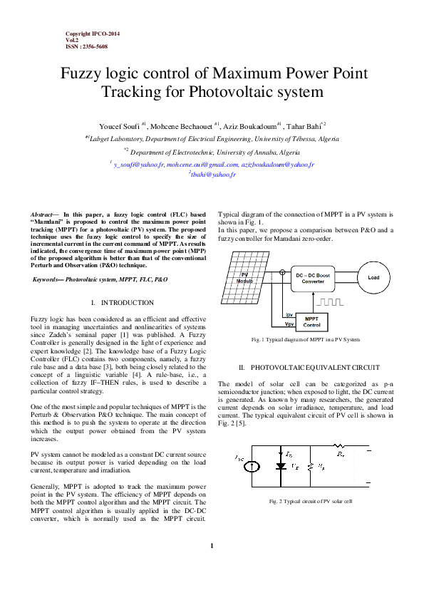 Fuzzy logic control of Maximum Power Point Tracking for Photovoltaic system