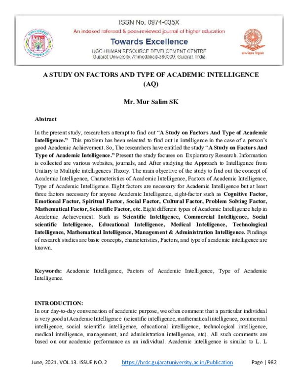 (PDF) A STUDY ON FACTORS AND TYPE OF ACADEMIC INTELLIGENCE (AQ