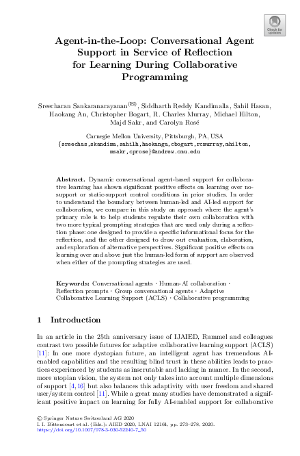 (PDF) Agent-in-the-Loop: Conversational Agent Support in Service of Reflection for Learning ...