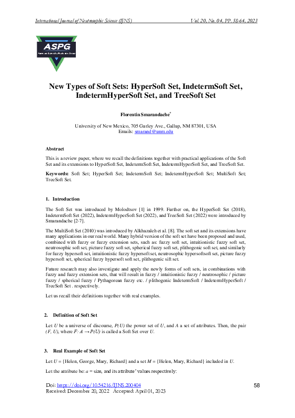 (PDF) New Types of Soft Sets: HyperSoft Set, IndetermSoft Set ...