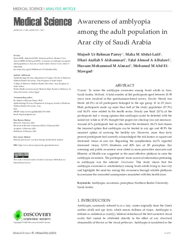 (PDF) Awareness of amblyopia among the adult population in Arar city of Saudi Arabia
