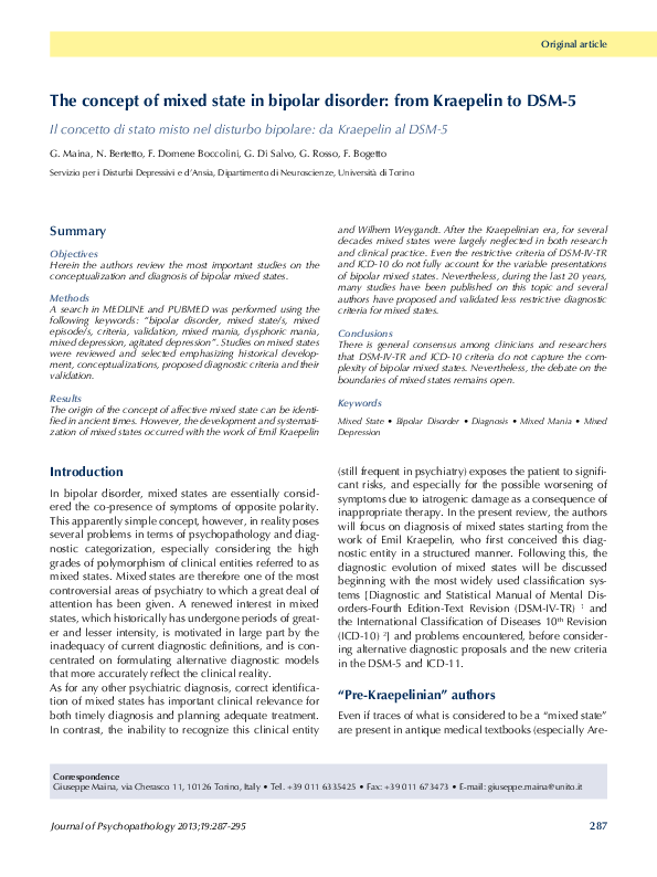 (PDF) The concept of mixed state in bipolar disorder: from Kraepelin to ...