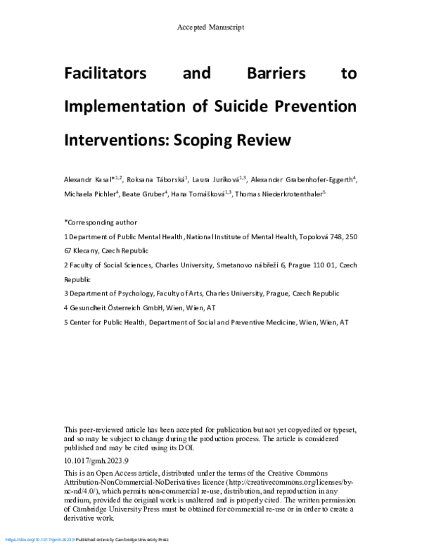 (PDF) Facilitators and barriers to implementation of suicide prevention interventions: Scoping ...
