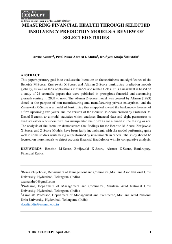 (PDF) MEASURING FINANCIAL HEALTH THROUGH SELECTED INSOLVENCY PREDICTION ...