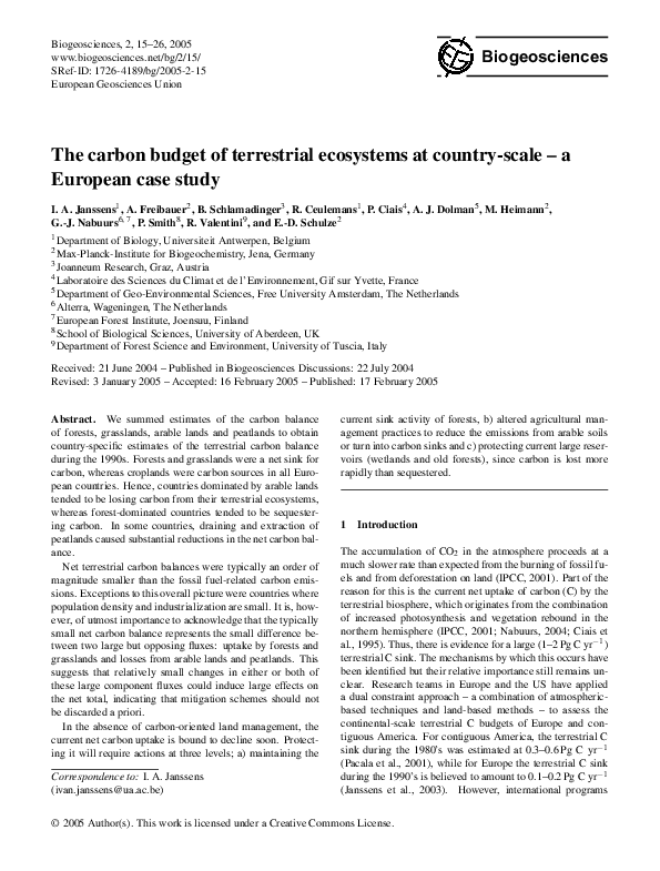 (PDF) The carbon budget of terrestrial ecosystems at country-scale – a European case study