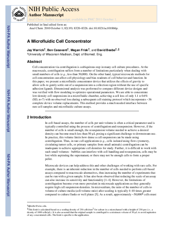 Pdf A Microfluidic Cell Concentrator