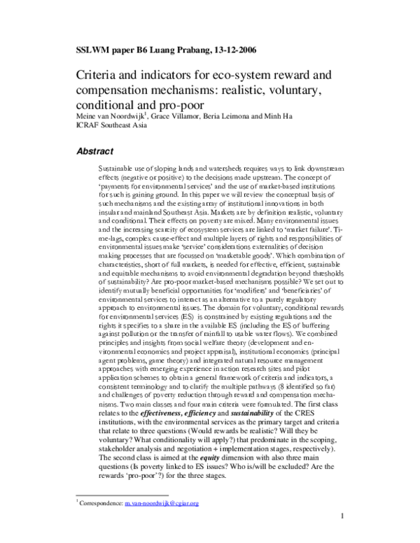 (PDF) Criteria and indicators for ecosystem reward and compensation ...