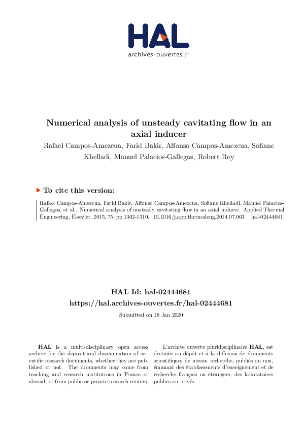 (PDF) Numerical analysis of unsteady cavitating flow in an axial inducer