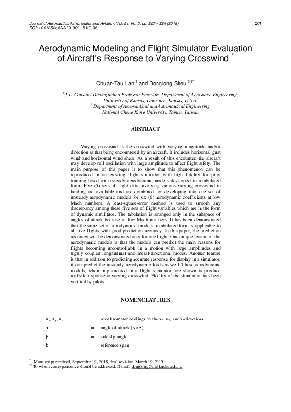 (PDF) Aerodynamic Modeling and Flight Simulator Evaluation of Aircraft's Response to Varying ...