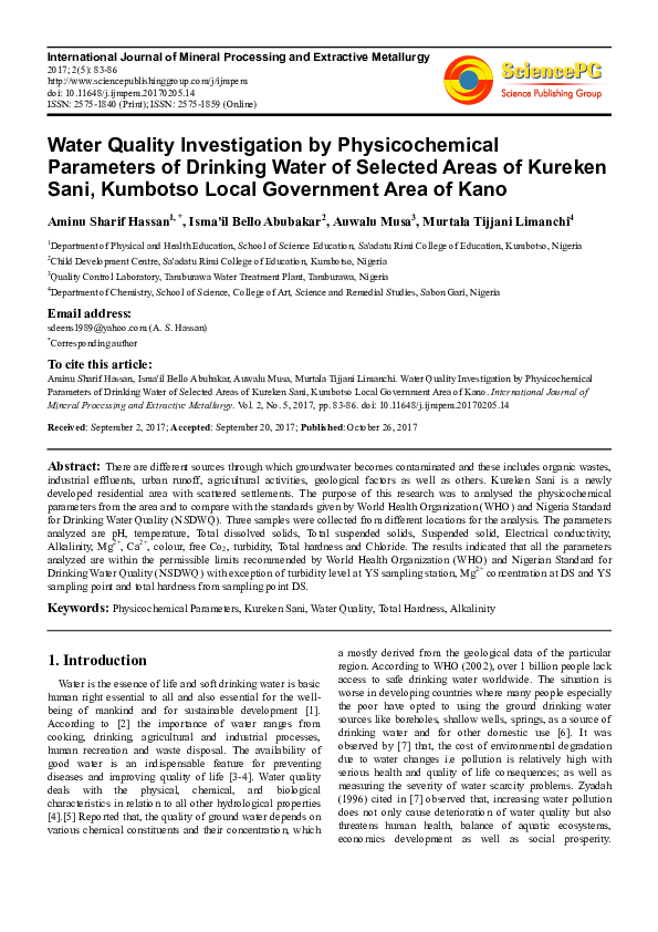 (PDF) Water Quality Investigation by Physicochemical Parameters of ...