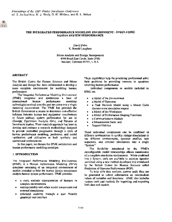 (PDF) The integrated performance modeling environment---simulating human-system performance