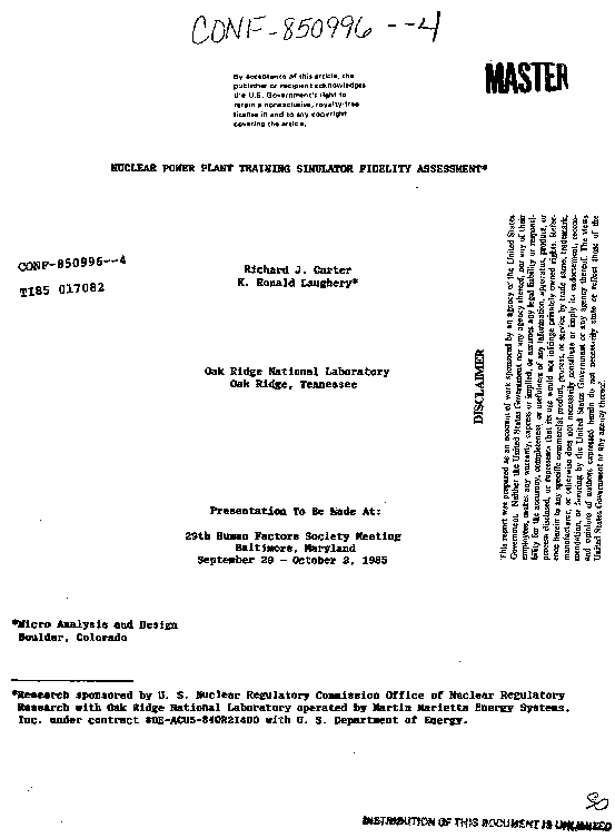 (PDF) Nuclear Power Plant Training Simulator Fidelity Assessment