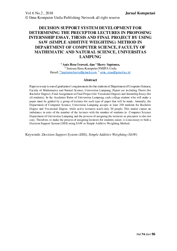 (PDF) Pengembangan Sistem Pendukung Keputusan Penentuan Dosen Pembimbing Dalam Pelaksanaan ...