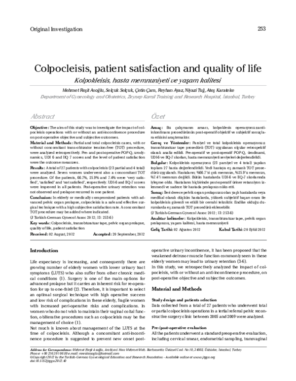 (PDF) Colpocleisis, patient satisfaction and quality of life
