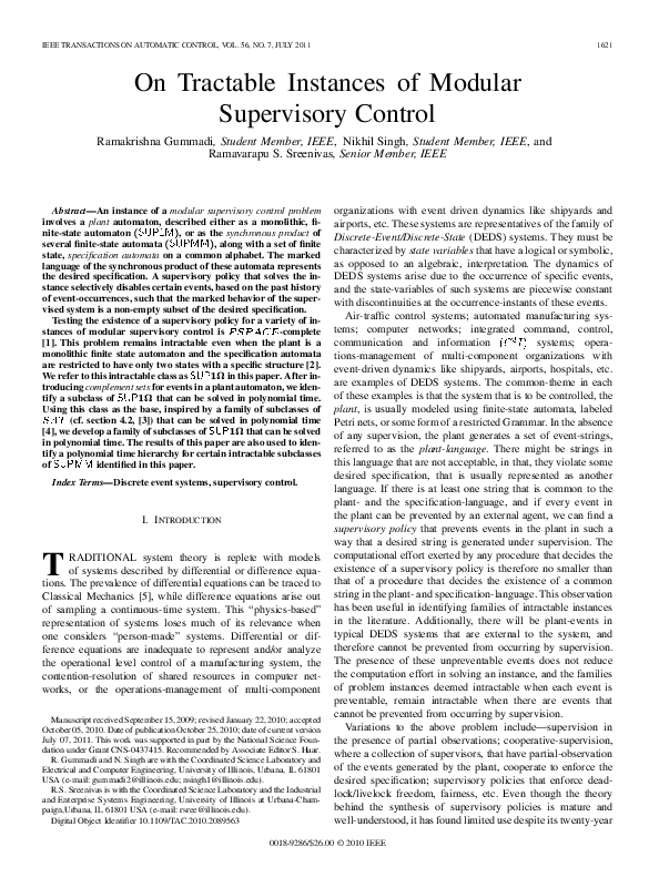 (PDF) On Tractable Instances of Modular Supervisory Control