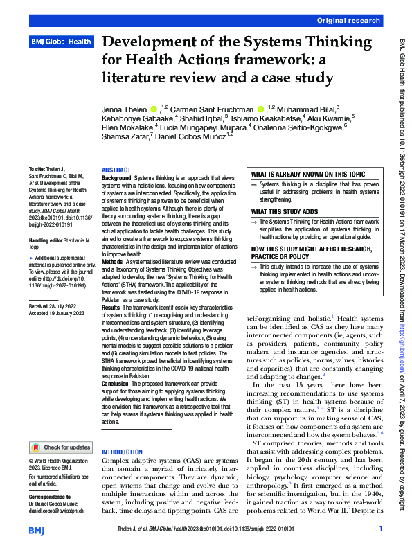 (PDF) Development of the Systems Thinking for Health Actions framework ...