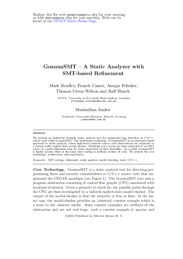 (PDF) GoannaSMT – A Static Analyzer with SMT-based Refinement [Abstract]