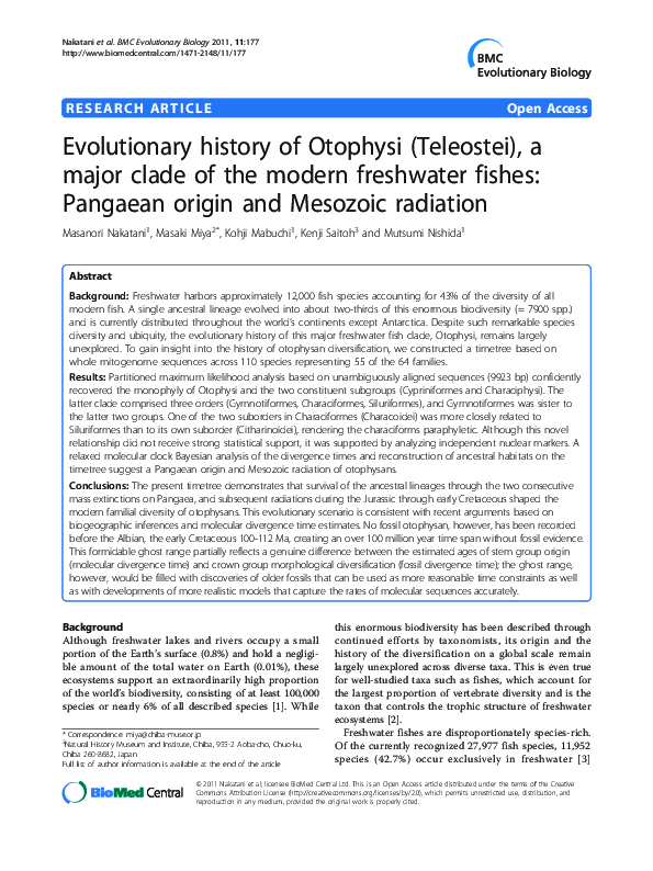 (PDF) Evolutionary history of Otophysi (Teleostei), a major clade of ...