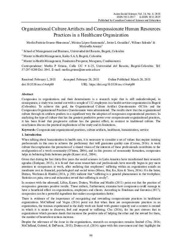 (PDF) Organizational Culture Artifacts and Compassionate Human Resources Practices in a ...
