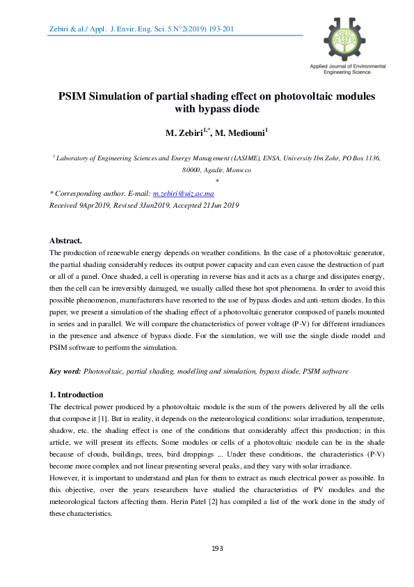 (PDF) Partial shading effect of photovoltaic modules with bypass diode simulation