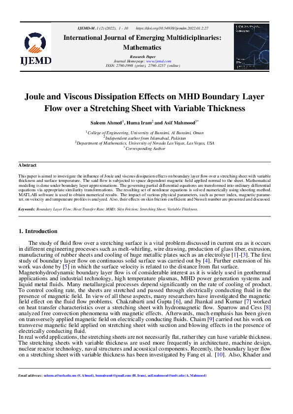 (PDF) Joule and Viscous Dissipation Effects on MHD Boundary Layer Flow over a Stretching Sheet ...