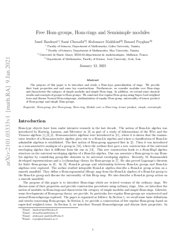 (PDF) Free Hom-groups, Hom-rings and Semisimple modules