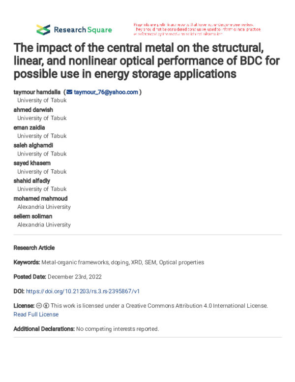 (PDF) The impact of the central metal on the structural, linear, and nonlinear optical ...