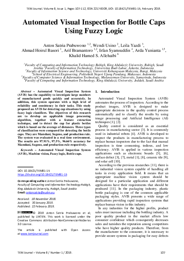 (PDF) Automated Visual Inspection for Bottle Caps Using Fuzzy Logic