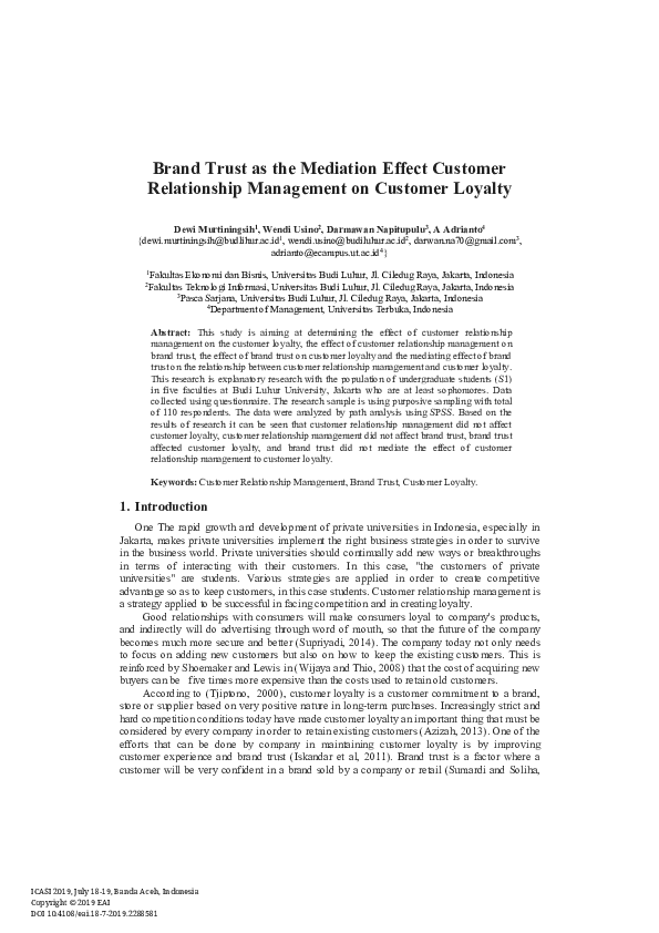(PDF) Brand Trust as the Mediation Effect Customer Relationship Management on Customer Loyalty