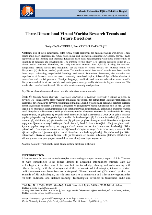 (PDF) Three-Dimensional Virtual Worlds: Research Trends and Future Directions