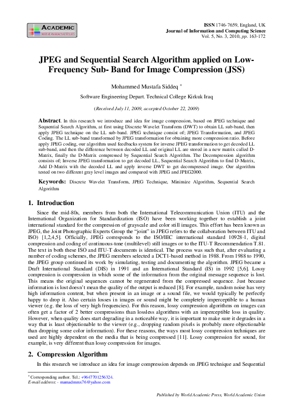 (PDF) JPEG and Sequential Search Algorithm applied on Low-Frequency Sub ...