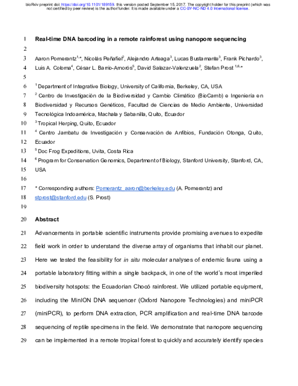 (PDF) Real-time DNA barcoding in a remote rainforest using nanopore sequencing