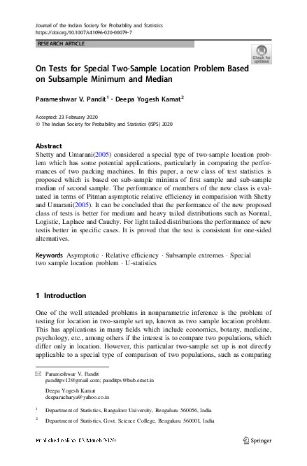 Pdf On Tests For Special Two Sample Location Problem Based On Subsample Minimum And Median