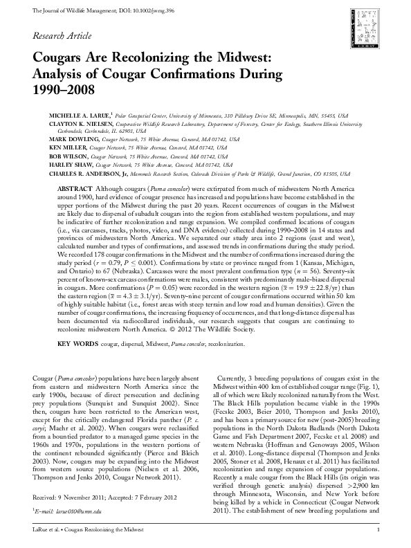 (PDF) Cougars are recolonizing the midwest: Analysis of cougar ...