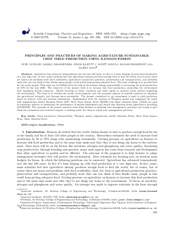 (PDF) Principles and Practices of Making Agriculture Sustainable: Crop Yield prediction using ...