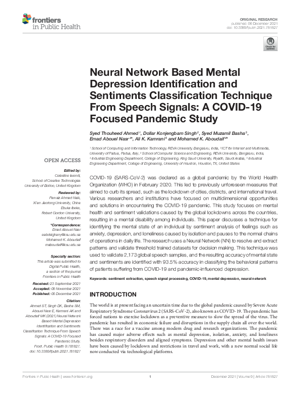 (PDF) Neural Network Based Mental Depression Identification and ...