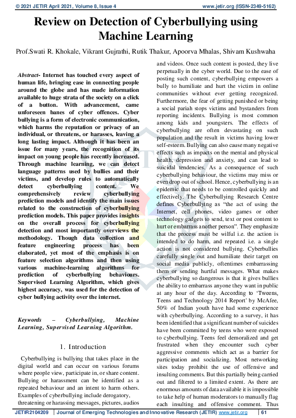 Pdf Review On Detection Of Cyberbullying Using Machine Learning