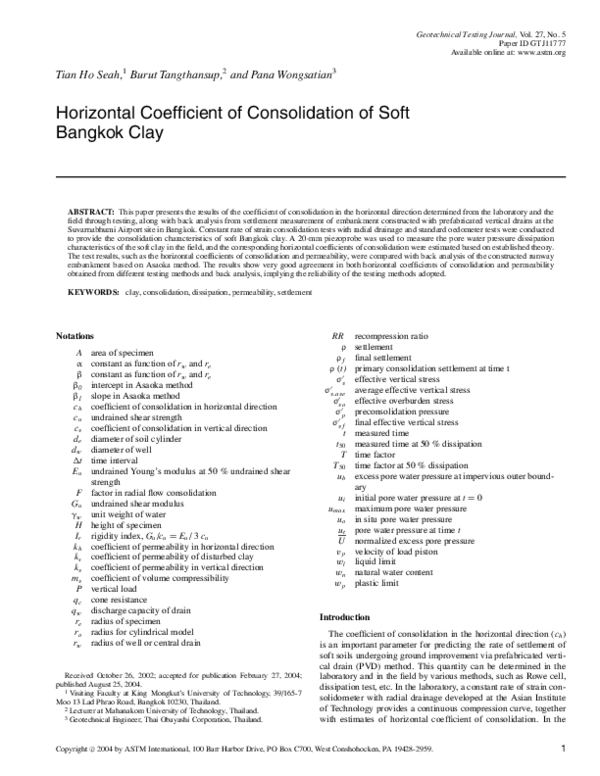(PDF) Horizontal Coefficient of Consolidation of Soft Bangkok Clay