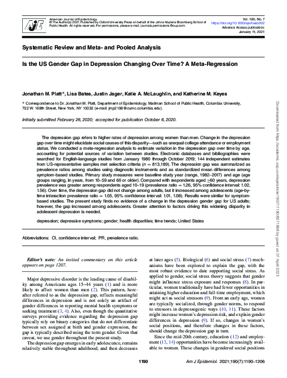 (PDF) Is the US Gender Gap in Depression Changing Over Time? A Meta ...
