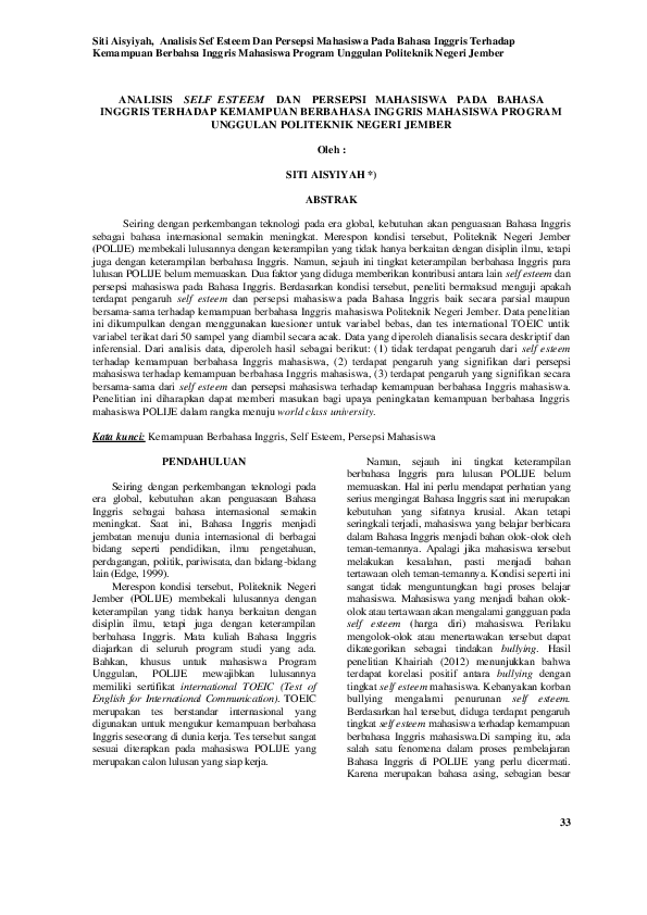 (PDF) Analisis Self Esteem Dan Persepsi Mahasiswa Pada Bahasa Inggris Terhadap Kemampuan ...