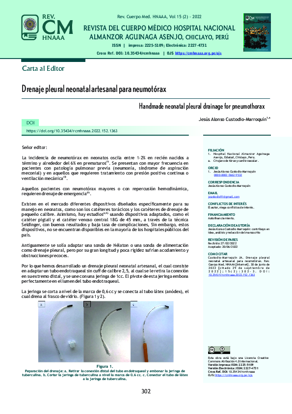 (PDF) Drenaje pleural neonatal artesanal para neumotórax/Handmade ...