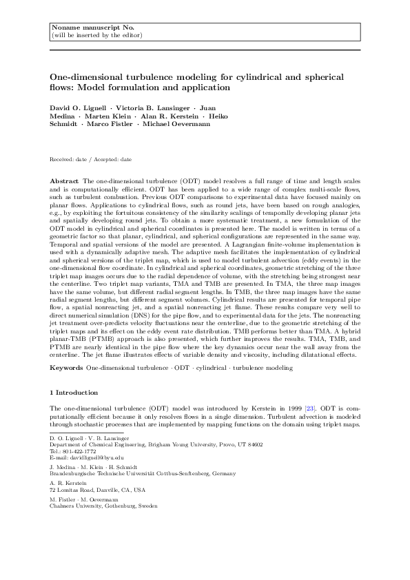 Pdf One Dimensional Turbulence Modeling For Cylindrical And Spherical Flows Model Formulation