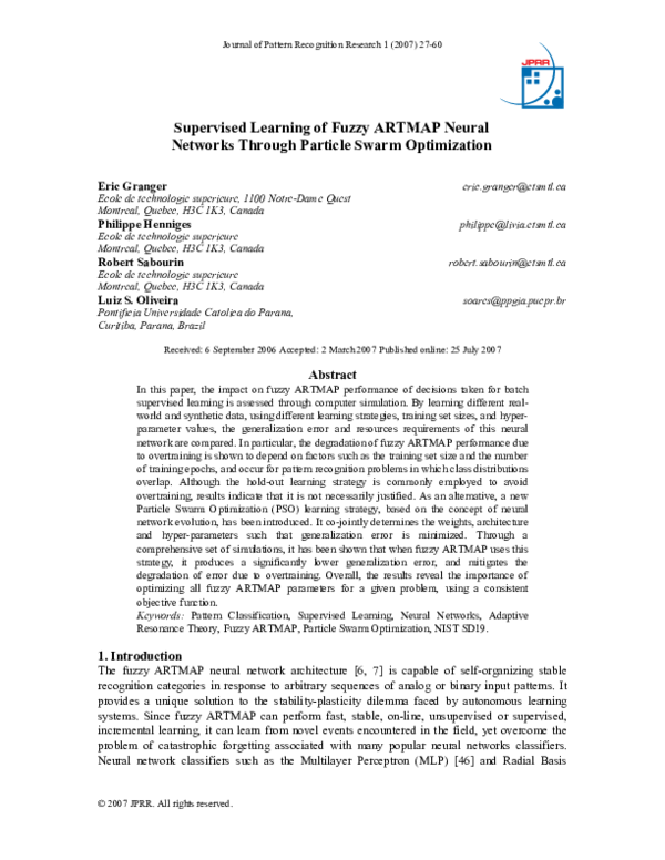 Pdf Supervised Learning Of Fuzzy Artmap Neural Networks Through Particle Swarm Optimisation 
