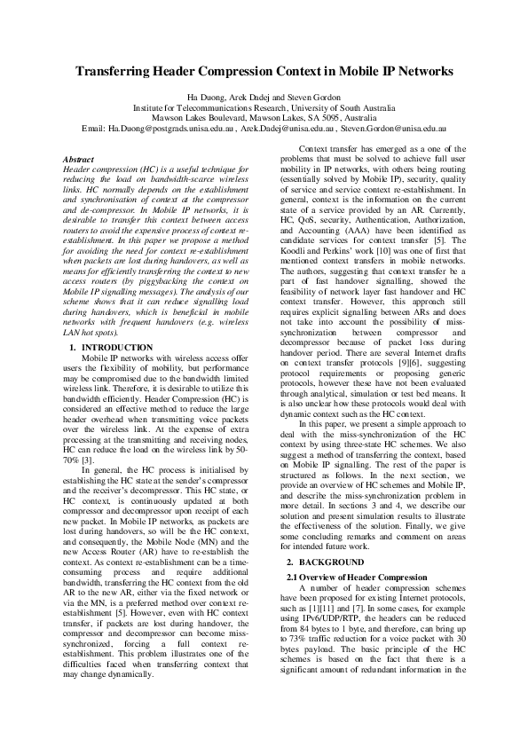 (PDF) Transferring Header Compression Context in Mobile IP Networks | Ha Duong - Academia.edu