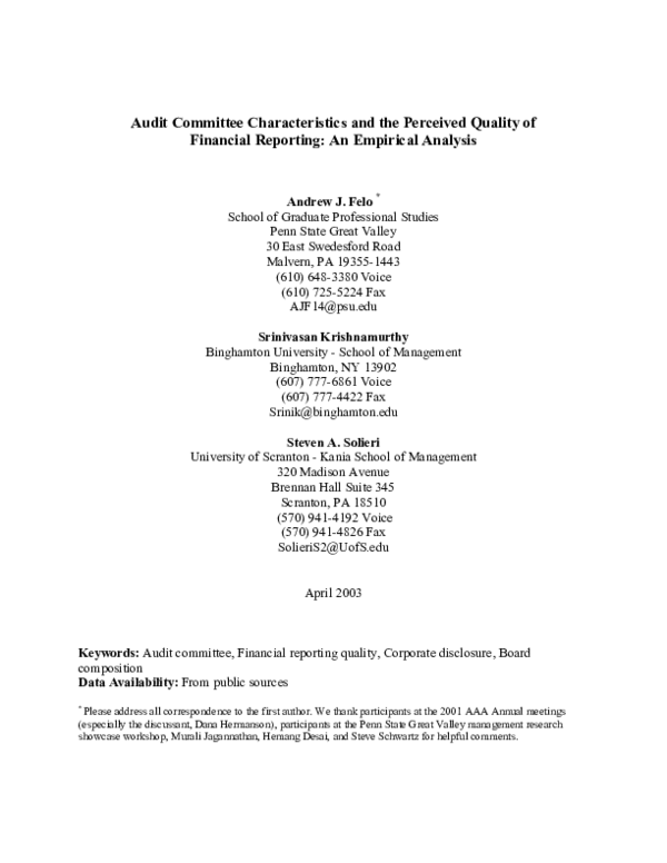 (PDF) Audit Committee Characteristics and the Perceived Quality of Financial Reporting: An ...