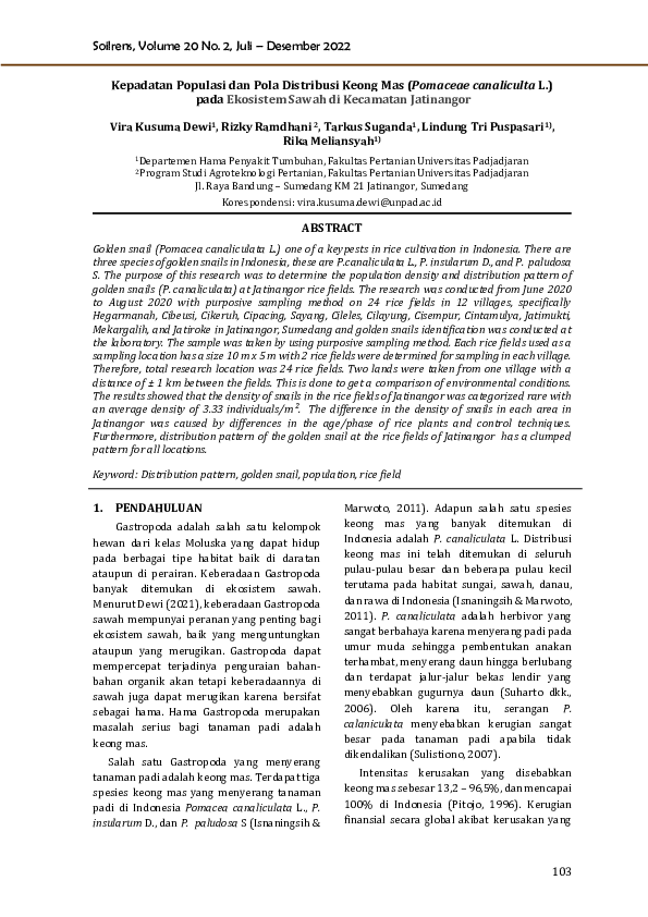 (PDF) Kepadatan Populasi dan Pola Distribusi Keong Mas (Pomaceae ...