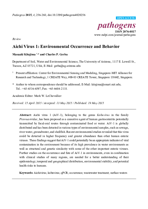 (PDF) Aichi Virus 1: Environmental Occurrence and Behavior | Charles ...